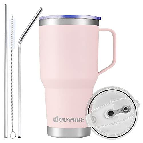 AQUAPHILE 30oz Stainless Steel Insulated Coffee Mug with Handle, Double Walled Vacuum Travel Cup with Lid & Straw, Reusable Thermal Coffee Cup, Portable Coffee Tumbler, for Hot&Cold Drinks(Pink)