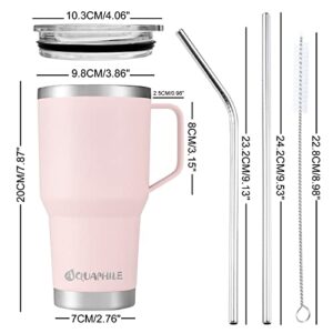 AQUAPHILE 30oz Stainless Steel Insulated Coffee Mug with Handle, Double Walled Vacuum Travel Cup with Lid & Straw, Reusable Thermal Coffee Cup, Portable Coffee Tumbler, for Hot&Cold Drinks(Pink)