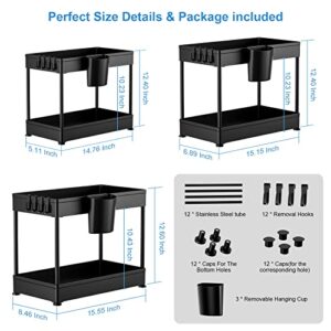 CuivnKak Under Sink Organizer, 2 Tier Under the Sink Organizer, Under Cabinet Organizer, Kitchen Sink Organizer, Bathroom Organizer Under Sink with 3 Hanging Cups and 12 Hooks, 3 Pack Black