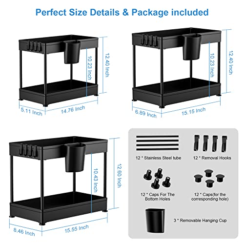 CuivnKak Under Sink Organizer, 2 Tier Under the Sink Organizer, Under Cabinet Organizer, Kitchen Sink Organizer, Bathroom Organizer Under Sink with 3 Hanging Cups and 12 Hooks, 3 Pack Black