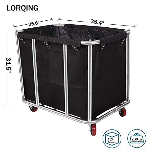 12 Bushels Laundry Cart Commercial/Home,Heavy Duty Large Stainless Steel Rolling Laundry Basket with Wheels，for Laundry Organizer and Storage,260LBS Load (12 Bushels - Black - 8 Tubes)