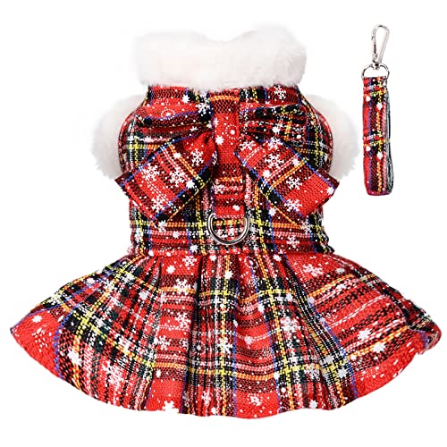 Christmas Dog Harness Dress with Leash Set Red Plaid Puppy Sweaters for Small Dogs Girl Winter Warm Pet Clothes Outfits Cute Bowknot Doggy Apparel Cat Holiday Xmas Party Costume (Medium, Red)