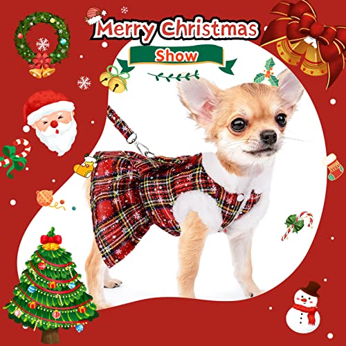 Christmas Dog Harness Dress with Leash Set Red Plaid Puppy Sweaters for Small Dogs Girl Winter Warm Pet Clothes Outfits Cute Bowknot Doggy Apparel Cat Holiday Xmas Party Costume (Medium, Red)