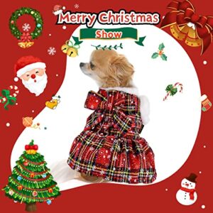 Christmas Dog Harness Dress with Leash Set Red Plaid Puppy Sweaters for Small Dogs Girl Winter Warm Pet Clothes Outfits Cute Bowknot Doggy Apparel Cat Holiday Xmas Party Costume (Medium, Red)