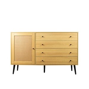 Mid-Century Sideboard Buffet Cabinet，Melpoemen Kitchen Storage Cabinet with Rattan Decorated Door and 4 Drawers，Liquor Cabinet, Dining Room, Hallway, Cupboard Console Table, Accent Cabinet,Natural