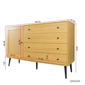 Mid-Century Sideboard Buffet Cabinet，Melpoemen Kitchen Storage Cabinet with Rattan Decorated Door and 4 Drawers，Liquor Cabinet, Dining Room, Hallway, Cupboard Console Table, Accent Cabinet,Natural