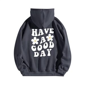 women oversize fleece hoodie sweatshirt long sleeve floral slogan letter graphic print drop shoulder drawstring top grey