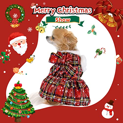 Christmas Dog Harness Dress with Leash Set Red Plaid Puppy Sweaters for Small Dogs Girl Winter Warm Pet Clothes Outfits Cute Bowknot Doggy Apparel Cat Holiday Xmas Party Costume (X-Small, Red)