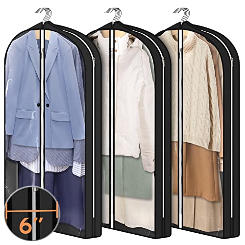 TREONYIA 39" Garment Bags with 6" Zipper Gusset, Clear Suit Bags for Closet Storage, Travel, Hanging Clothes Storage for Coats Sweaters Shirts- Gray (40"-3Pack, Black)