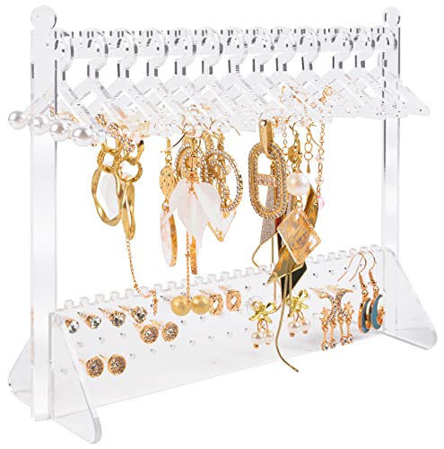 ChezMax Earring Organizer Stand, Clear Acrylic Jewelry Holder with Mini Hangers, Cute 134 Holes Earrings Hanging Display Rack, Transparent Piercings Dangle Ear Stud Towers Storage for Women Girls