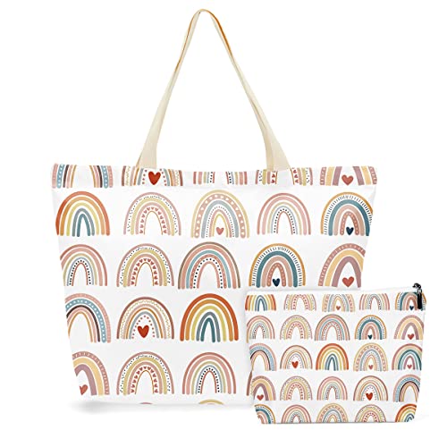 Tote Bag Makeup Bag Boho Rainbow Decor Rainbow Party Decorations Rainbow Party Favors Supplies Rainbow Gifts for Women Girls Bohemian Decor Waterproof Tote Bag with Zipper Cosmetic Bag Set of 2