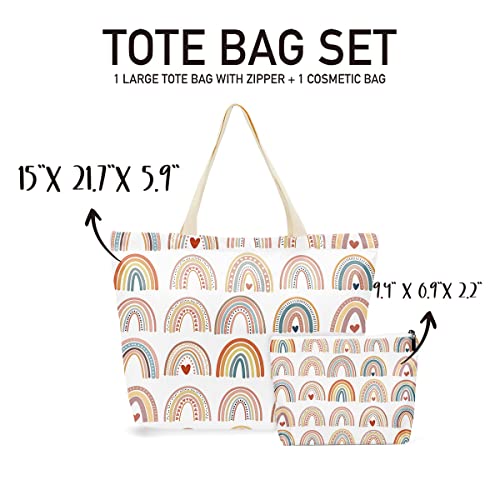 Tote Bag Makeup Bag Boho Rainbow Decor Rainbow Party Decorations Rainbow Party Favors Supplies Rainbow Gifts for Women Girls Bohemian Decor Waterproof Tote Bag with Zipper Cosmetic Bag Set of 2