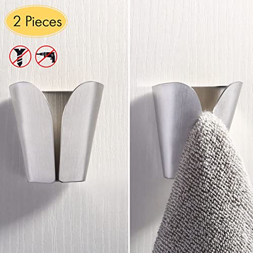 2pcs Kitchens Towel Hooks V Type Dish Towel Hanger Self Adhesive Hooks Stainless Steel Towel Holder Wall Mounted Hanging Hook for Bathroom Over The Door Hook, Brushed Finish