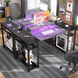 armocity Computer Desk with LED Lights, 55 Inch Desk with Power Outlet and USB, Reversible Large Desk with Moveable Monitor Stand, 55.2'' Gaming PC Table for Home Office, Workstation, Grey and Black