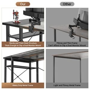 armocity Computer Desk with LED Lights, 55 Inch Desk with Power Outlet and USB, Reversible Large Desk with Moveable Monitor Stand, 55.2'' Gaming PC Table for Home Office, Workstation, Grey and Black