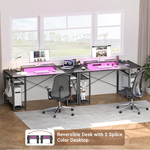 armocity Computer Desk with LED Lights, 55 Inch Desk with Power Outlet and USB, Reversible Large Desk with Moveable Monitor Stand, 55.2'' Gaming PC Table for Home Office, Workstation, Grey and Black