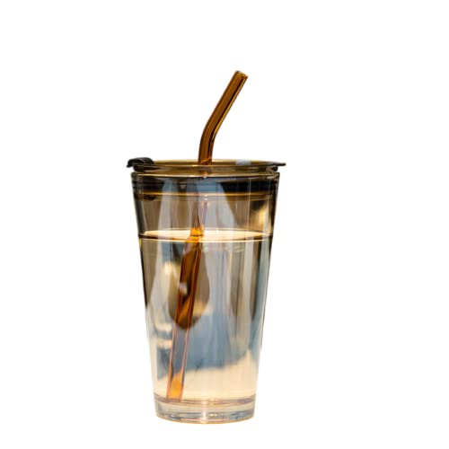 RYUHYF Straw cup, coffee cup, glass with straw and lid, double drink cup, milk cup, tea cup, ice coffee cup, car cup,set of 1 (16oz, Amber)