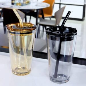 RYUHYF Straw cup, coffee cup, glass with straw and lid, double drink cup, milk cup, tea cup, ice coffee cup, car cup,set of 1 (16oz, Amber)