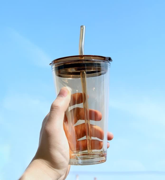 RYUHYF Straw cup, coffee cup, glass with straw and lid, double drink cup, milk cup, tea cup, ice coffee cup, car cup,set of 1 (16oz, Amber)