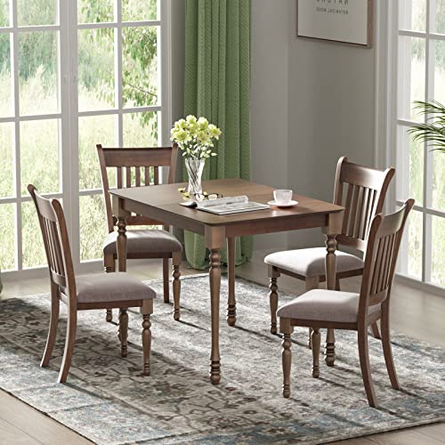 Giantex 5-Piece Dining Table Set, Solid Rubber Wood Farmhouse Kitchen Table Set w/Extendable Rectangular Table & 4 Upholstered Chairs, Kitchen Table and Chairs Set Dinette Set for 4-6 Persons