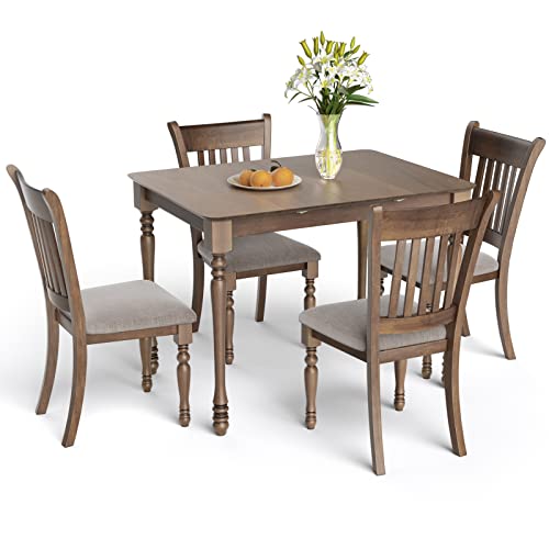 Giantex 5-Piece Dining Table Set, Solid Rubber Wood Farmhouse Kitchen Table Set w/Extendable Rectangular Table & 4 Upholstered Chairs, Kitchen Table and Chairs Set Dinette Set for 4-6 Persons