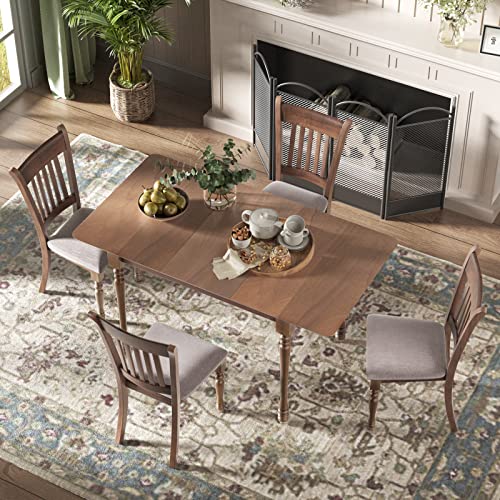 Giantex 5-Piece Dining Table Set, Solid Rubber Wood Farmhouse Kitchen Table Set w/Extendable Rectangular Table & 4 Upholstered Chairs, Kitchen Table and Chairs Set Dinette Set for 4-6 Persons