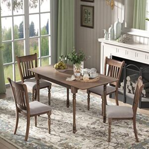 Giantex 5-Piece Dining Table Set, Solid Rubber Wood Farmhouse Kitchen Table Set w/Extendable Rectangular Table & 4 Upholstered Chairs, Kitchen Table and Chairs Set Dinette Set for 4-6 Persons