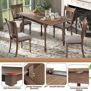 Giantex 5-Piece Dining Table Set, Solid Rubber Wood Farmhouse Kitchen Table Set w/Extendable Rectangular Table & 4 Upholstered Chairs, Kitchen Table and Chairs Set Dinette Set for 4-6 Persons