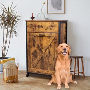 vingli wood tilt out trash cabinet with drawer, 10 gallon rustic brown trash can cabinet tilt out barn door hidden trash can kitchen cabinet for dinning room, living room, freestanding or rolling