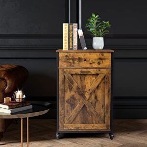 VINGLI Wood Tilt Out Trash Cabinet with Drawer, 10 Gallon Rustic Brown Trash Can Cabinet Tilt Out Barn Door Hidden Trash Can Kitchen Cabinet for Dinning Room, Living Room, Freestanding or Rolling