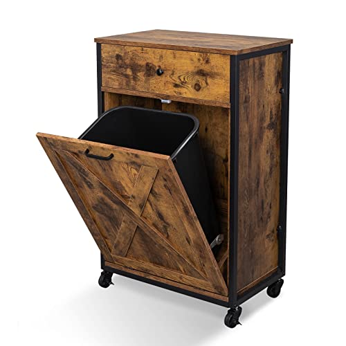 VINGLI Wood Tilt Out Trash Cabinet with Drawer, 10 Gallon Rustic Brown Trash Can Cabinet Tilt Out Barn Door Hidden Trash Can Kitchen Cabinet for Dinning Room, Living Room, Freestanding or Rolling