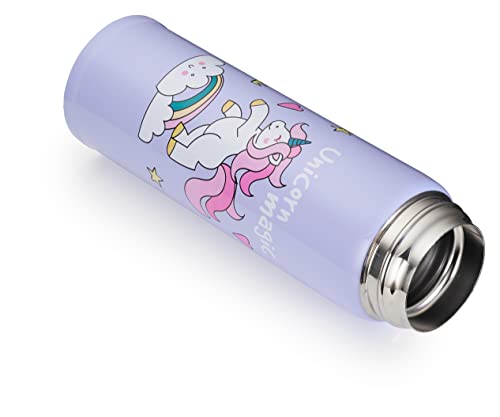 Kids Stainless Steel Thermos Water Bottle Keeps Drinks Hot & Cold All Day Large 12oz. Capacity,Easy Button Pop Lid for Toddler,Double Wall insulated Leakproof Technology by Smile My Baby (Purple)