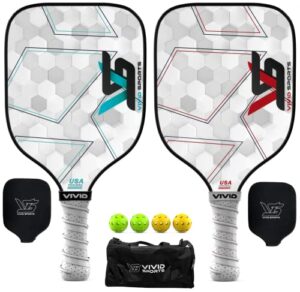 vivid sports graphite pickleball paddle set of 2, polymer honeycomb core, duffle bag with 2 indoor 2 outdoor pickle balls, 2 neoprene paddle covers, usapa wide body pickleball raquette (white)