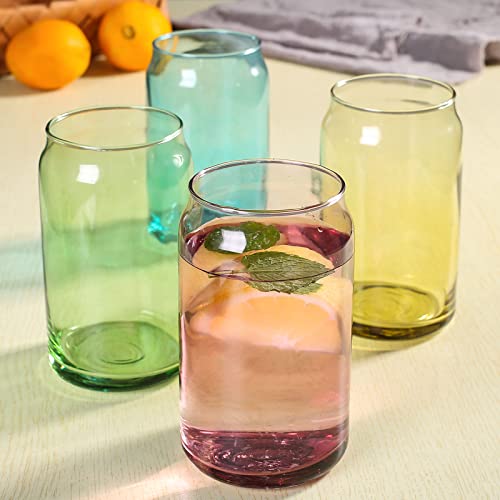 Amzcku Colored Drinking Glasses, 16 oz Can Glass, Cute Iced Coffee Cup Tumblers, Soda, Tea, Beer, Water, Cold Drink Glassware, Cocktail Glass, Set of 4