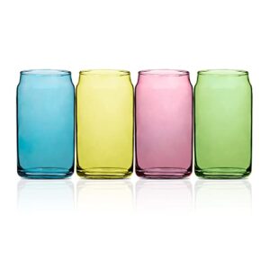 Amzcku Colored Drinking Glasses, 16 oz Can Glass, Cute Iced Coffee Cup Tumblers, Soda, Tea, Beer, Water, Cold Drink Glassware, Cocktail Glass, Set of 4