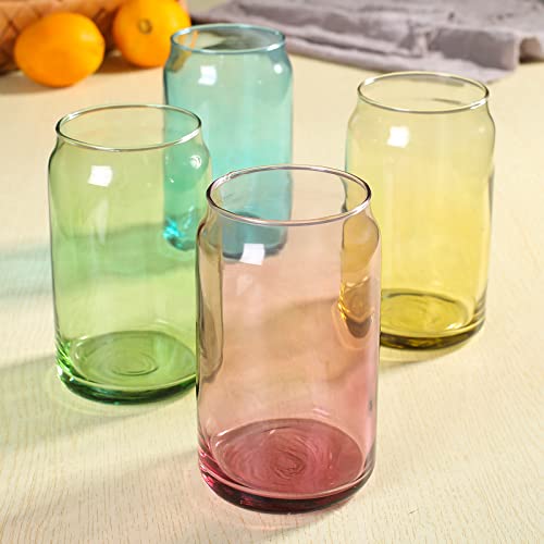 Amzcku Colored Drinking Glasses, 16 oz Can Glass, Cute Iced Coffee Cup Tumblers, Soda, Tea, Beer, Water, Cold Drink Glassware, Cocktail Glass, Set of 4