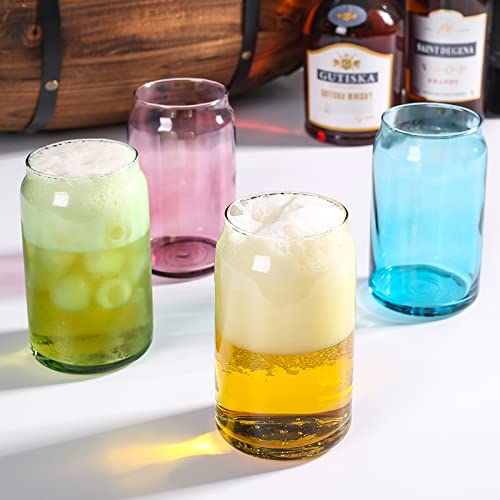 Amzcku Colored Drinking Glasses, 16 oz Can Glass, Cute Iced Coffee Cup Tumblers, Soda, Tea, Beer, Water, Cold Drink Glassware, Cocktail Glass, Set of 4