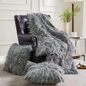 bytide mongolian long hair faux fur 50" x 60" plush throw blankets with two 20" x 20" pillow covers (no inserts) 3 piece set, soft luxury furry shaggy throw with micromink back for couch bed, gray