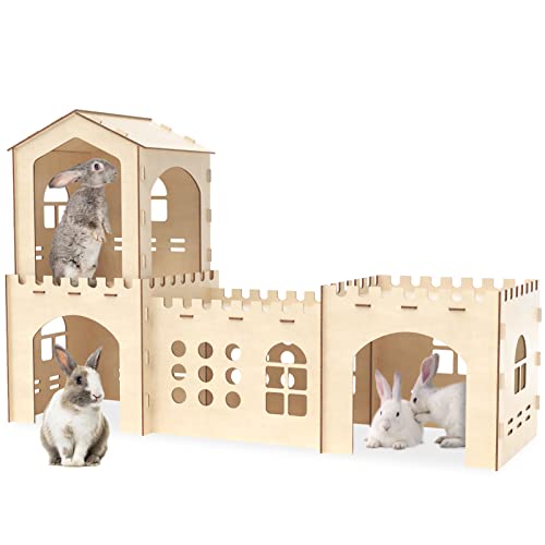 Woiworco Extra Large Rabbit Hideout, Wooden Rabbit Castle Bunny Spacious Breathable Hideouts for Indoor Bunnies, Hamsters and Guinea Pigs Hut to Hide