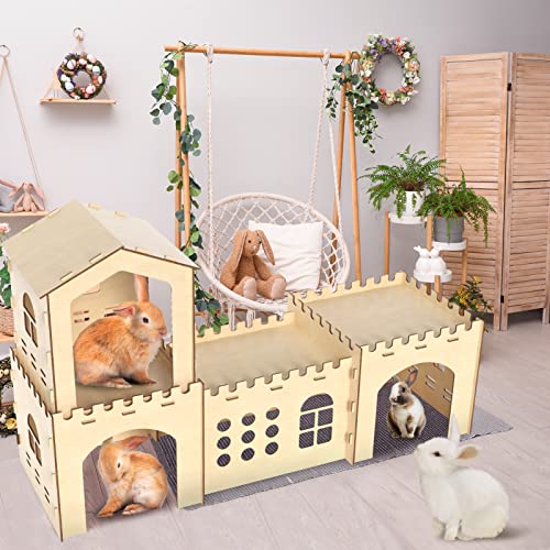 Woiworco Extra Large Rabbit Hideout, Wooden Rabbit Castle Bunny Spacious Breathable Hideouts for Indoor Bunnies, Hamsters and Guinea Pigs Hut to Hide