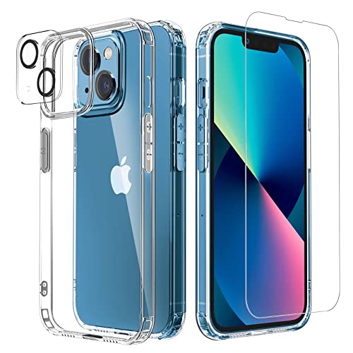 GLIMALL [5 in 1 Designed for iPhone 13 Clear Case with Screen Protector[2 Pack] +Camera Lens Protector[2 Pack], Military Grade Drop Protection Transparent Cover 6.1 Inch