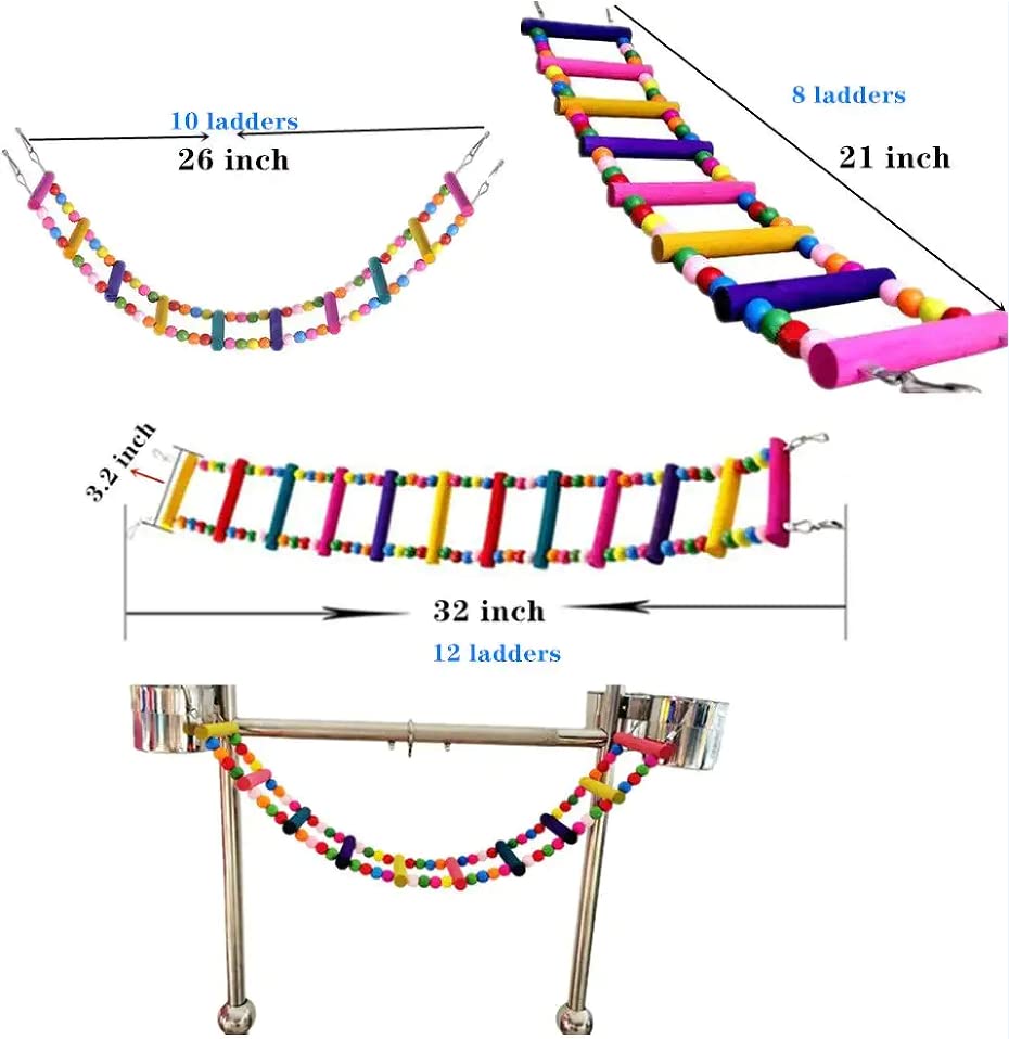 Bird Ladder Bridge, Parrot Toys Rainbow Swing Bridge Hammock Natural Raw Wood, Macaws Parakeets Lovebirds Chameleon Hamster for Training (32 Inch)