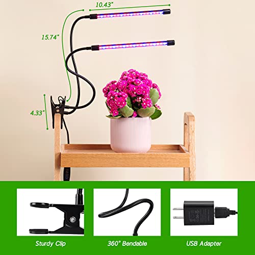 Grow Lights for Indoor Plants, Small Led Grow Light for Indoor Plants with Red Blue Full Spectrum, 2-Head Gooseneck Clip on Plant Grow lamp with 3 Modes & 10-Level Dimmable & 3/9/12H On/Off Timer