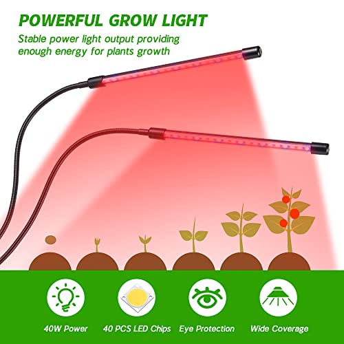 Grow Lights for Indoor Plants, Small Led Grow Light for Indoor Plants with Red Blue Full Spectrum, 2-Head Gooseneck Clip on Plant Grow lamp with 3 Modes & 10-Level Dimmable & 3/9/12H On/Off Timer