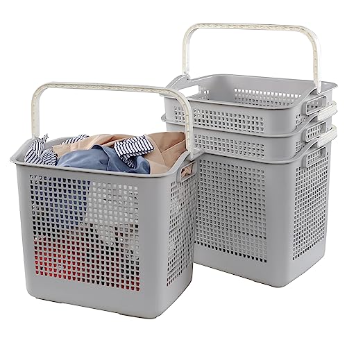 Saedy 4 Pack Large Dirty Clothes Basket, 35 L Plastic Laundry Hamper with Handle, Gray