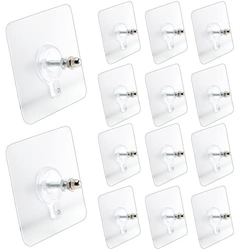 Junwapy 14 Pack Adhesive Wall Mount Screw Hooks, Durable Wall Hooks for Hanging, 2 in 1 Screw Free Sticker for Wall Mount, Adhesive Hooks Heavy Duty for Bathroom Kitchen Home and Office(16 mm)