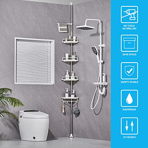 Hoomtaook Tension Pole Shower Caddy 4-Tier Shower Organizer Corner Tension Pole Shower Shelf Bathroom Corner Shower Caddy with Towel Bar for Bathroom, Bathtub Shower Storage, 37-120 Inch, Silver