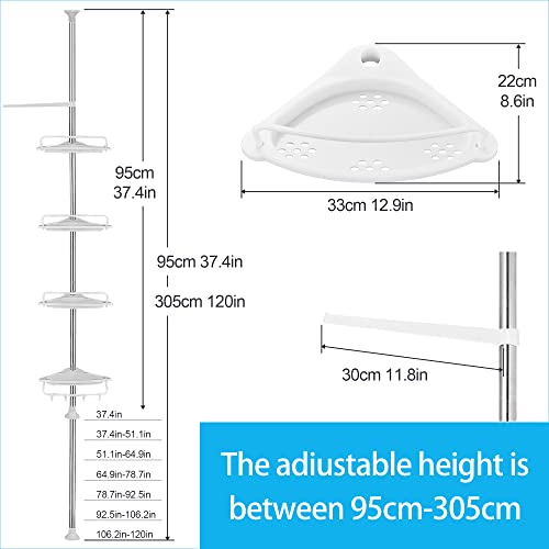 Hoomtaook Tension Pole Shower Caddy 4-Tier Shower Organizer Corner Tension Pole Shower Shelf Bathroom Corner Shower Caddy with Towel Bar for Bathroom, Bathtub Shower Storage, 37-120 Inch, Silver