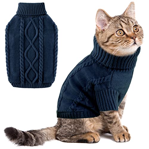 Winter Keep Warm Dog Sweater Cat Coat, Medium Fleece Dog Sweater Puppy Clothes, Classic Turtleneck Pet Outfits Apparel, Navy M