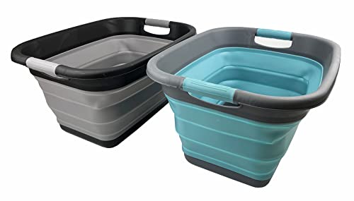 SAMMART 25L (6.6 Gallon) Set of 2 Collapsible Laundry Basket/Tub - Foldable Storage Container/Organizer, Water Capacity: 20L (Alloy Grey + Crystal Blue)